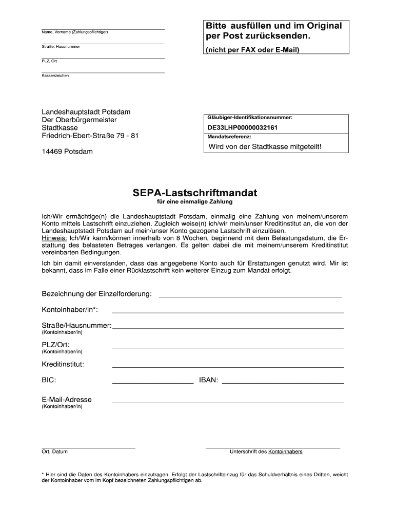 Ausfüllbar Online 2013-10-10 DL SEPA-Mandat Formular einmalig ...