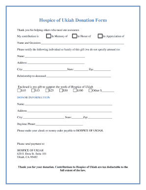 Fillable Online Hospice of Ukiah Donation Form Fax Email Print - pdfFiller
