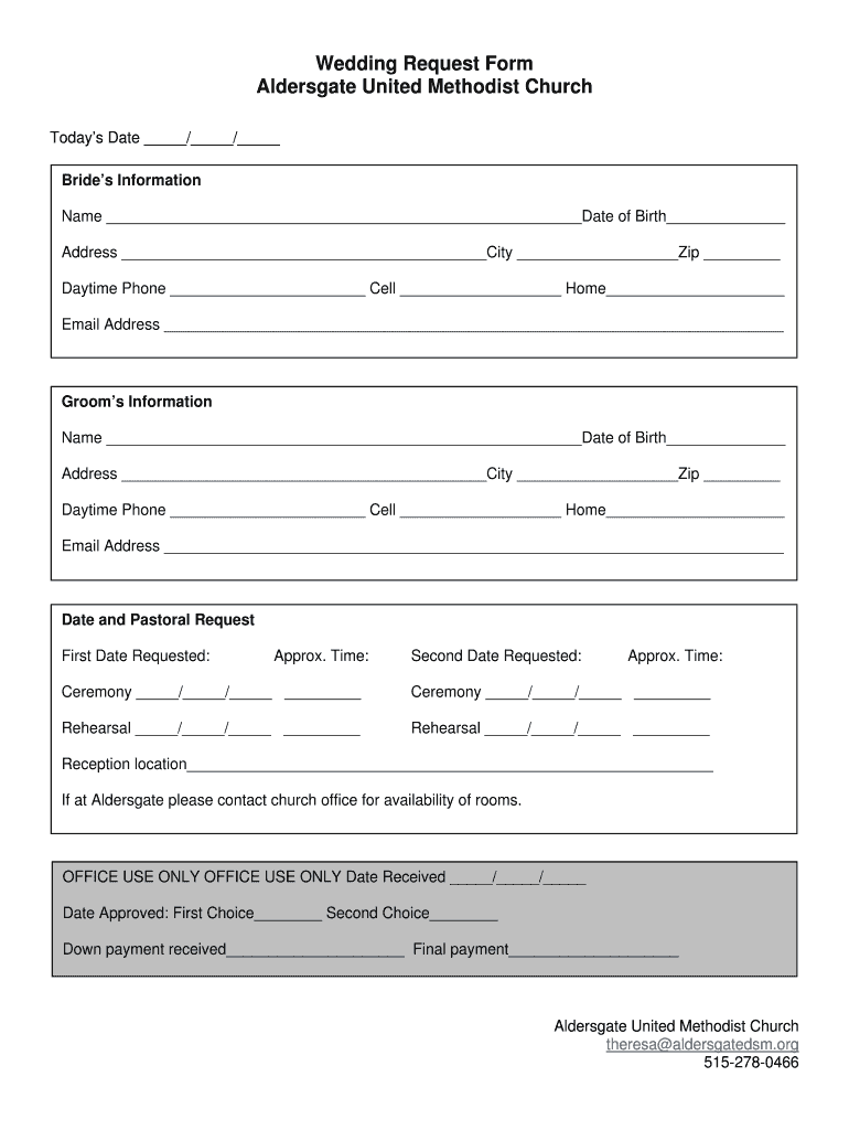 Fillable Online aldersgatedsm Wedding Request Form Aldersgate United ...