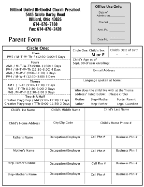 Fillable Online hilliardumcpreschool Parent Form - HUMC Preschool ...
