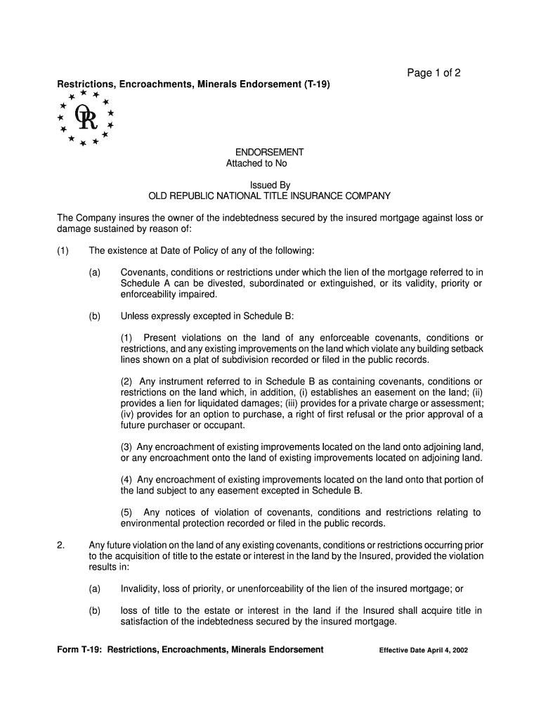 Fillable Online Restrictions, Encroachments, Minerals Endorsement (T-19 ...