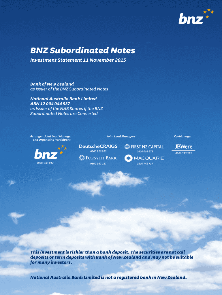 Fillable Online selectwealth co BNZ Subordinated Notes Investment ...