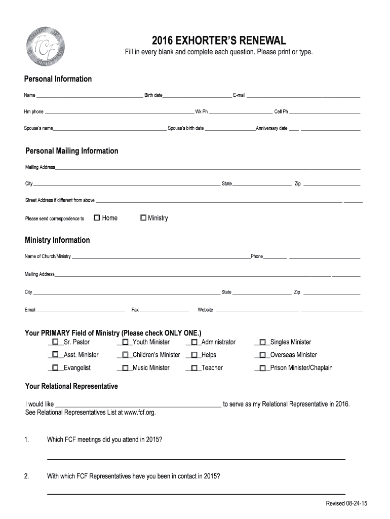 Fillable Online fcf Exhorter Renewal - Faith Christian Fellowship Fax ...