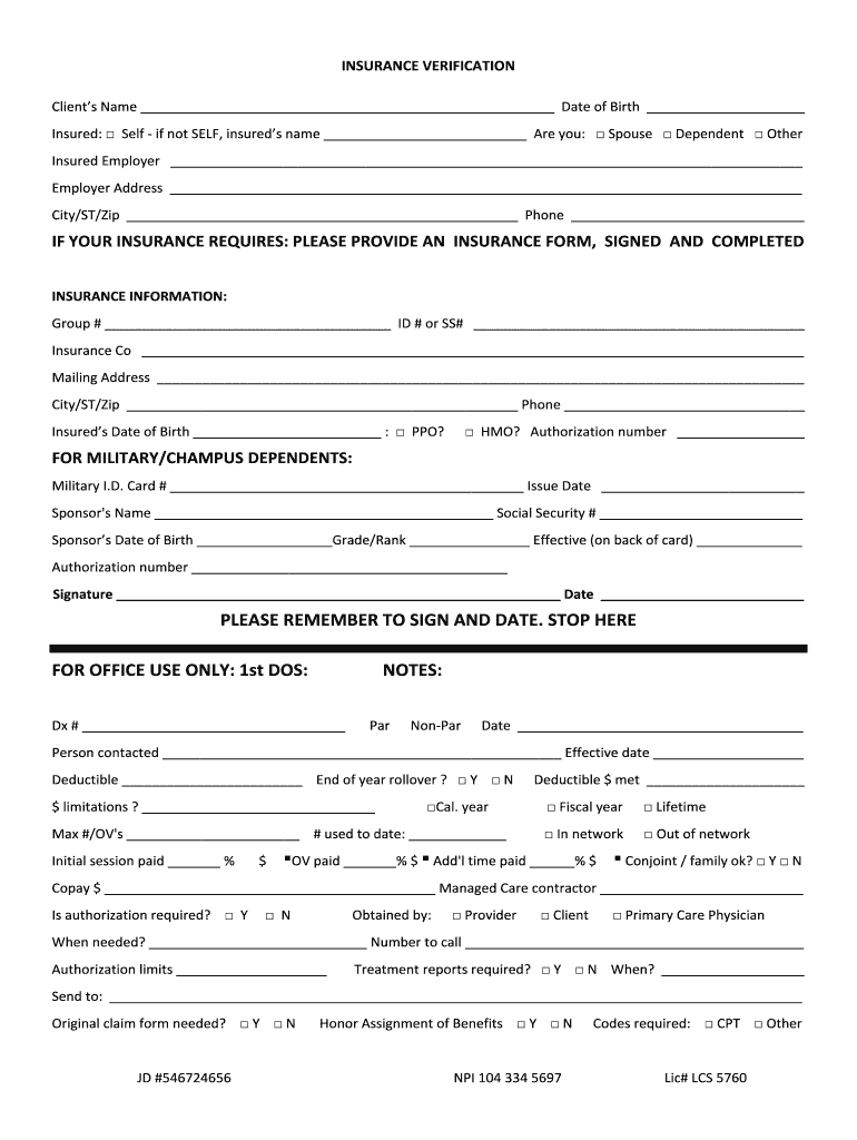 Fillable Online INSURANCE VERIFICATION Clients Name Date of Birth ...