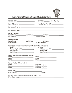 Fillable Online Messy Monkeys Daycare amp Preschool Registration Form ...
