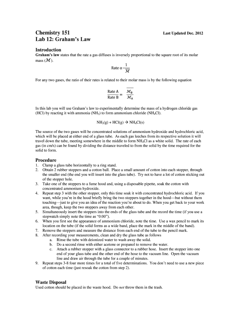 Fillable Online Chemistry 151 Lab 12 Grahams Law - Chemisphere Today ...
