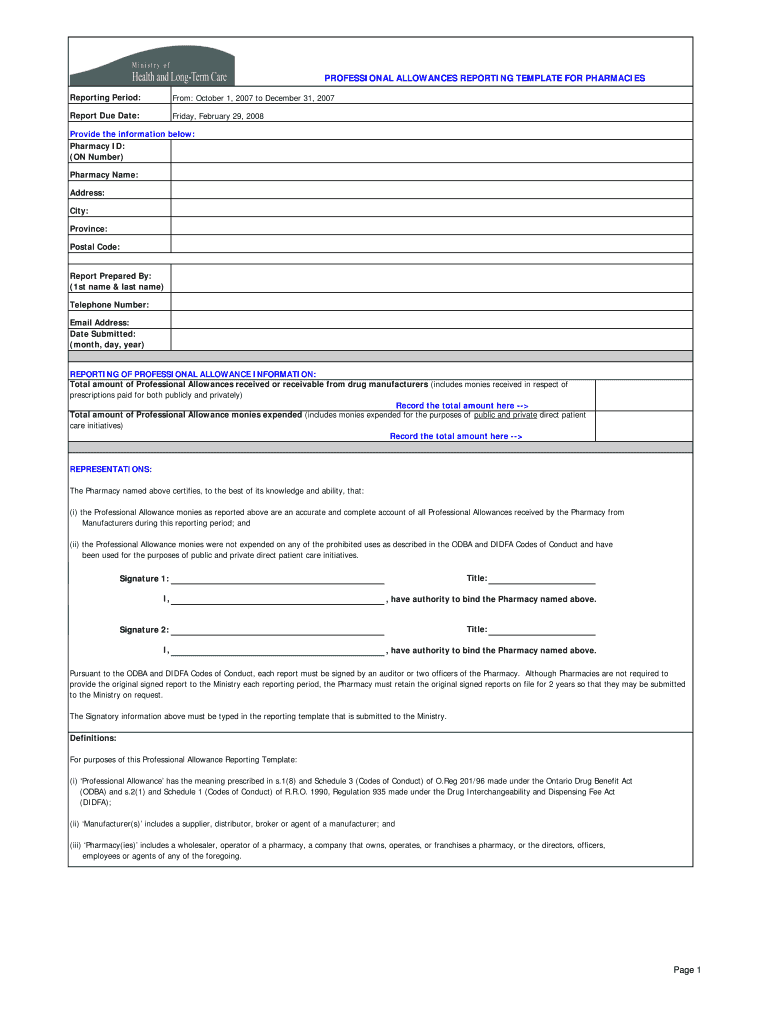 Fillable Online PROFESSIONAL ALLOWANCES REPORTING TEMPLATE FOR PHARMACIES Fax Email Print ...