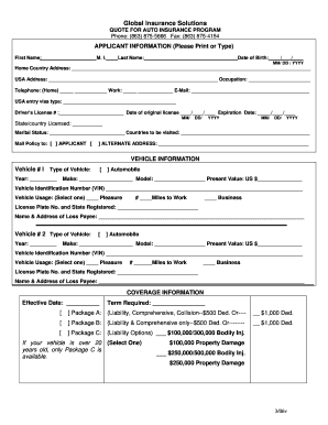 Fillable Online Auto Quote Form - Global Insurance Solutions Fax Email ...