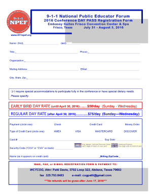 Fillable Online 911npef DAY PASS Registration Form 2016 - 911npef Fax ...