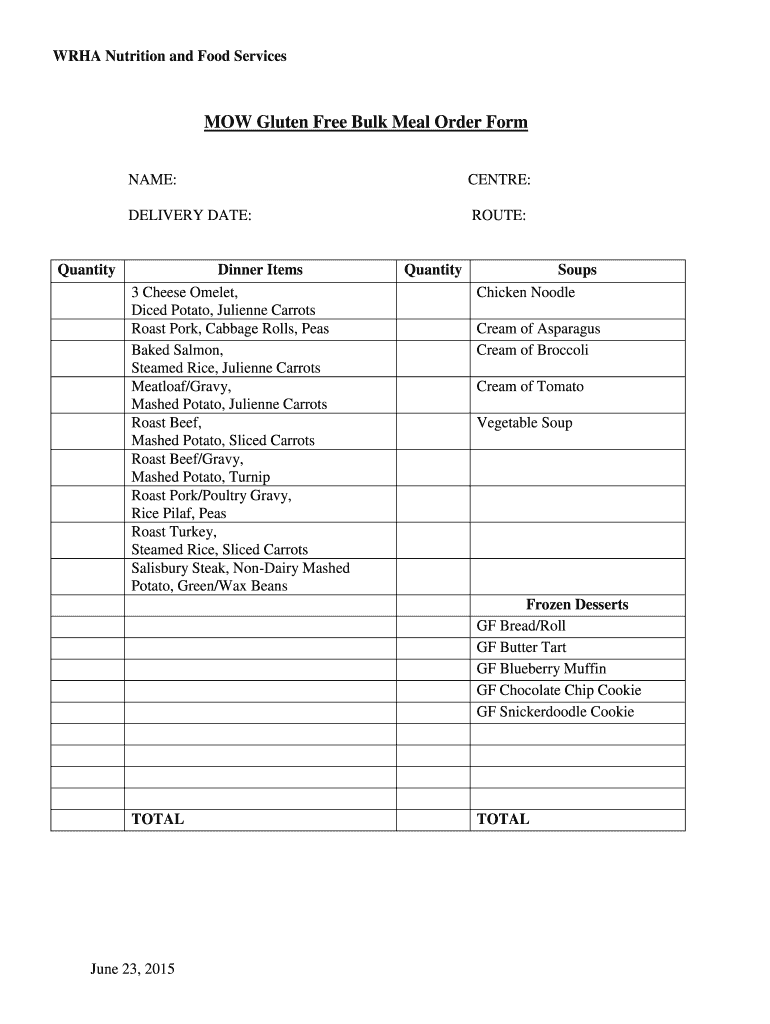 Fillable Online MOW Gluten Free Bulk Meal Order Form - Meals on Wheels ...