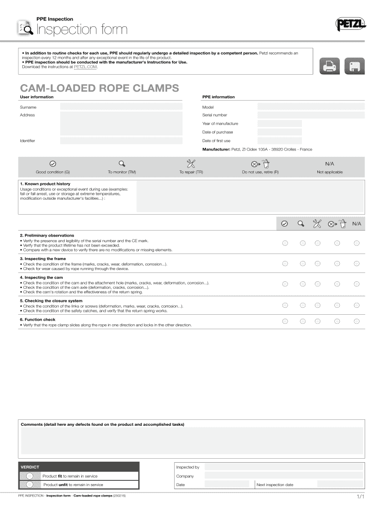Fillable Online PPE INSPECTION - Inspection form - Cam-loaded rope ...