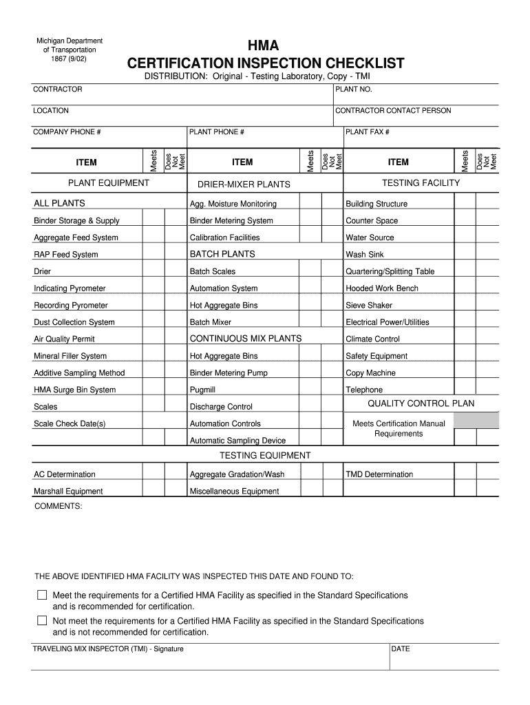 Fillable Online HMA CERTIFICATION bINSPECTION CHECKLISTb Fax Email ...