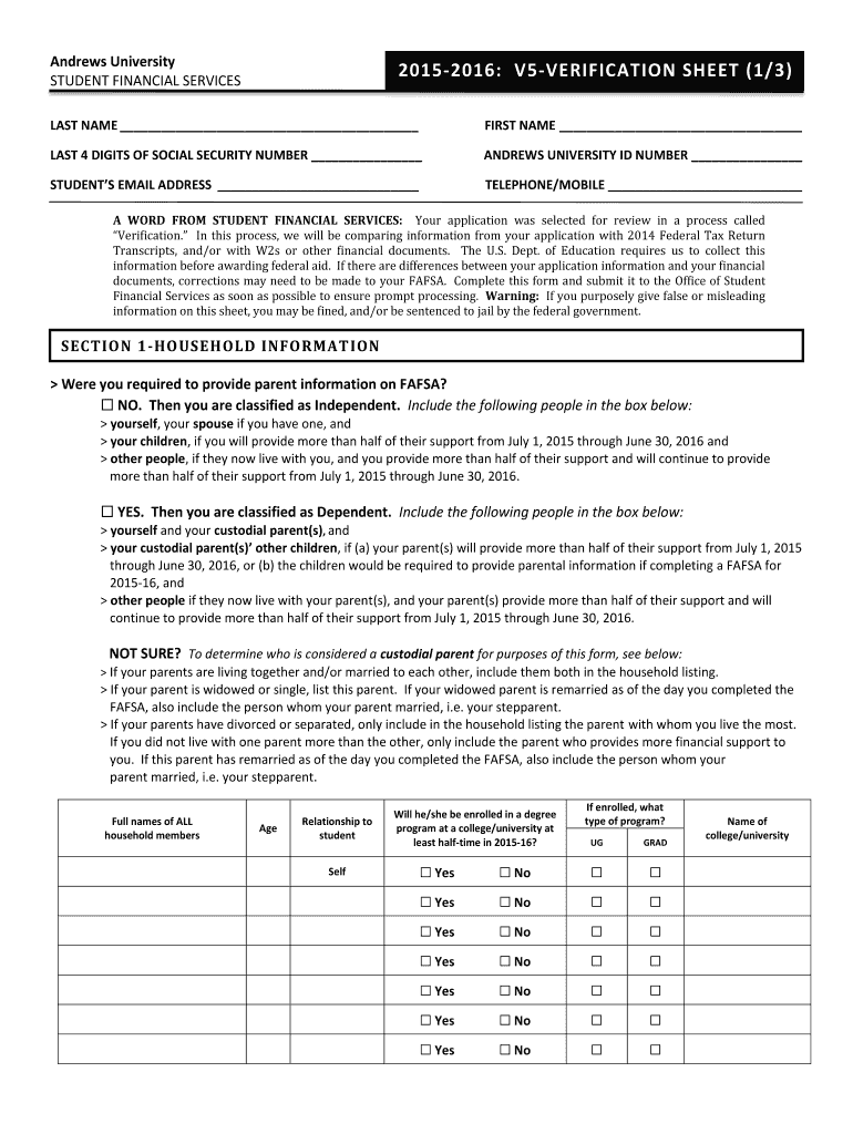 Fillable Online andrews 2015-2016: V5-VERIFICATION SHEET (1/3) Fax ...