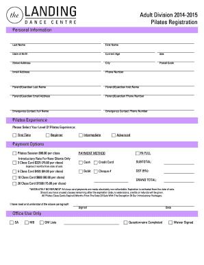 Fillable Online Pilates Registration - The Landing Dance Centre Fax ...