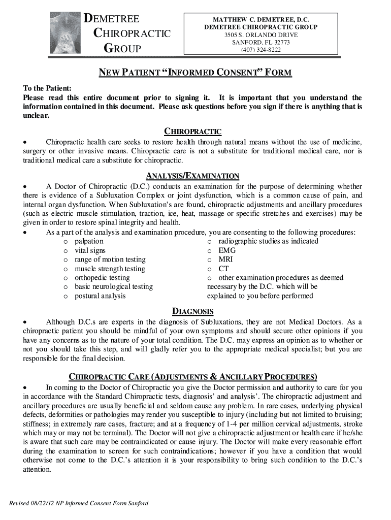 Fillable Online DEMETREE CHIROPRACTIC GROUP Fax Email Print - pdfFiller