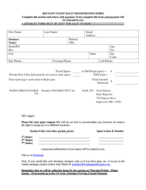 Fillable Online 2012 EAST COAST RALLY REGISTRATION FORM be returned to ...