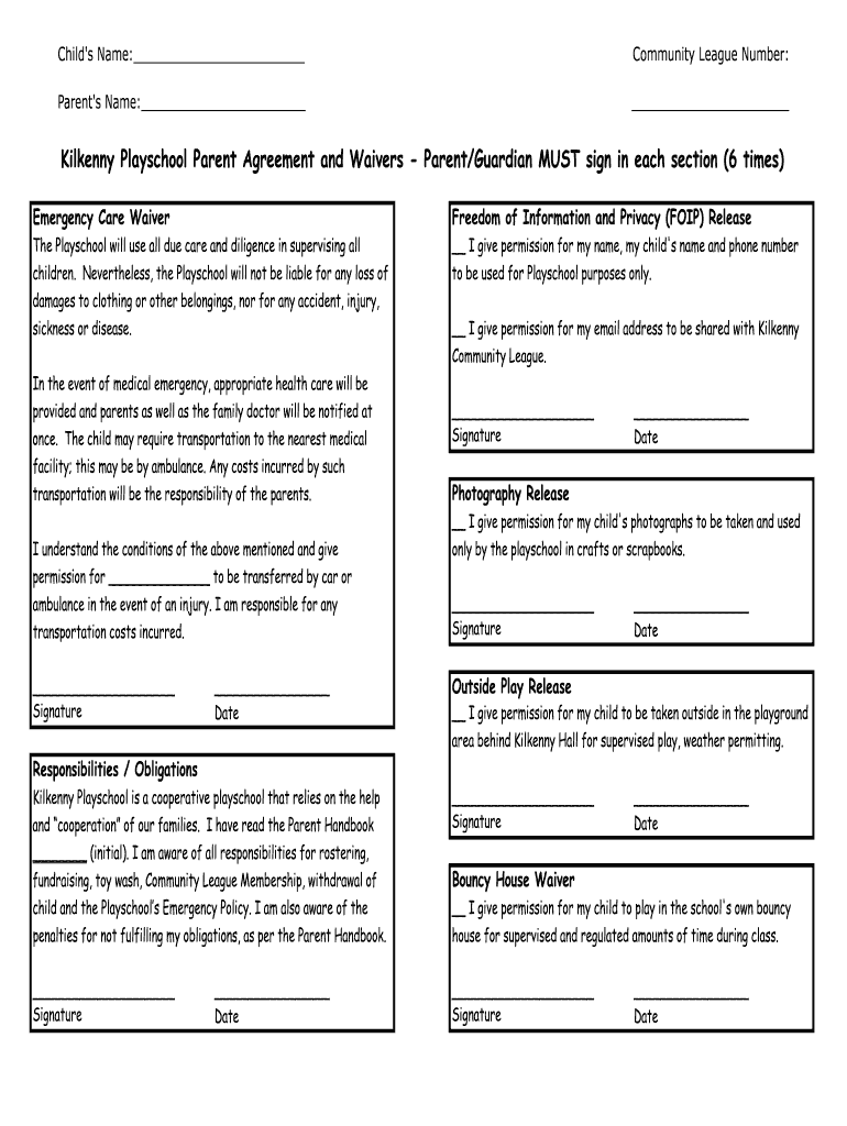 Fillable Online kilkenny ab BKilkennyb Playschool Parent Agreement and Waivers - Parent ...