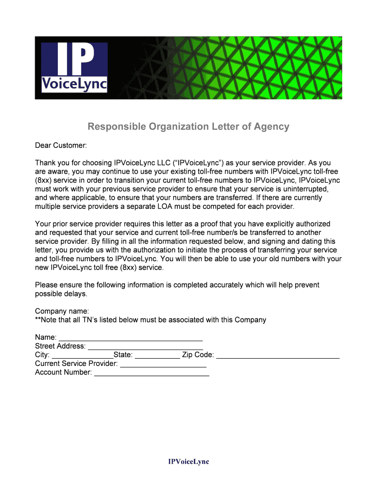 Fillable Online Responsible Organization Letter of Agency ...
