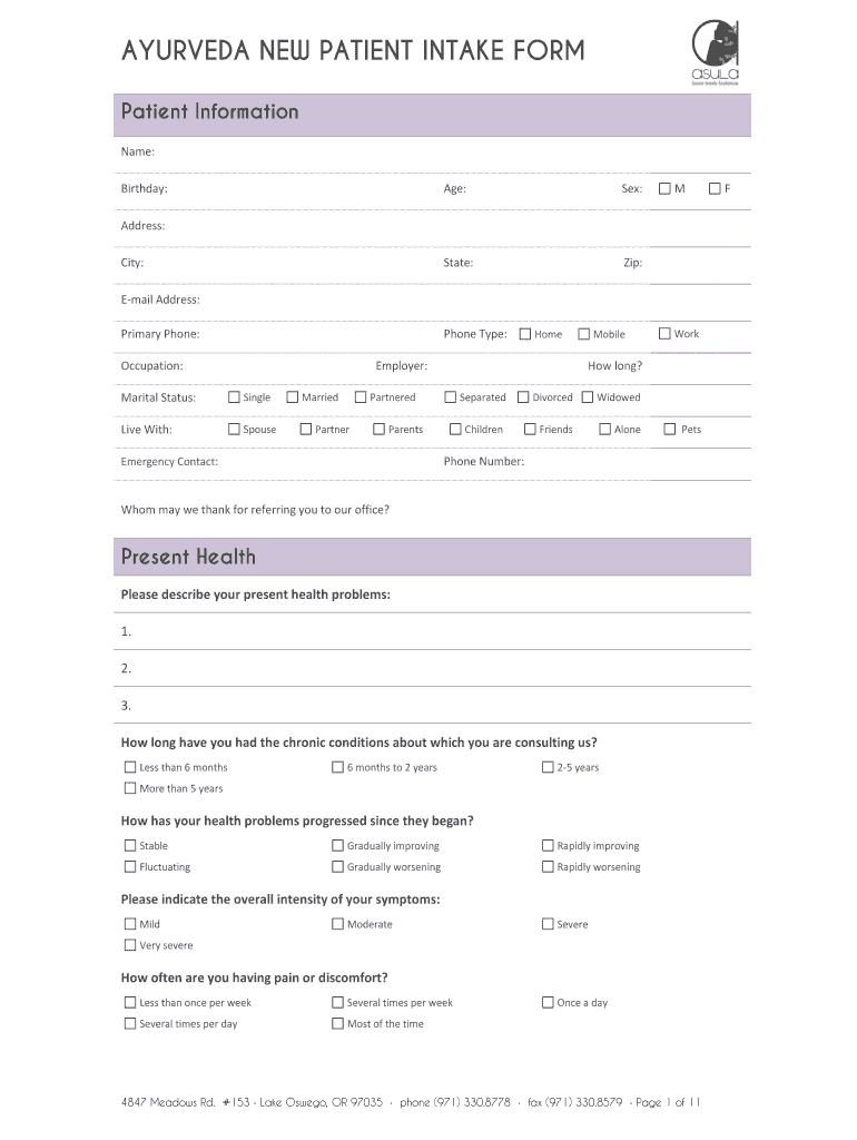Fillable Online AYURVEDA NEW PATIENT INTAKE FORM - bAsulab Fax Email ...