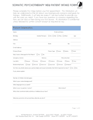 Fillable Online SOMATIC PSYCHOTHERAPY NEW PATIENT INTAKE FORM Fax Email ...