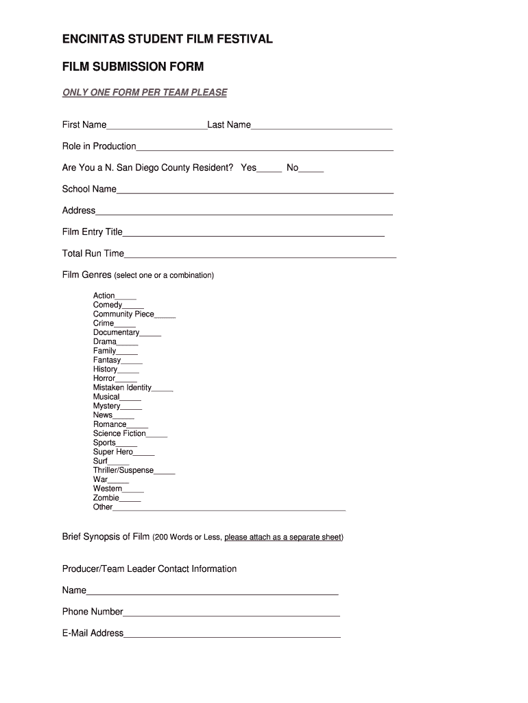 Fillable Online ENCINITAS STUDENT FILM FESTIVAL FILM SUBMISSION FORM ...