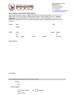 Fillable Online Return Material Authorization (RMA) Request - Gladiator ...