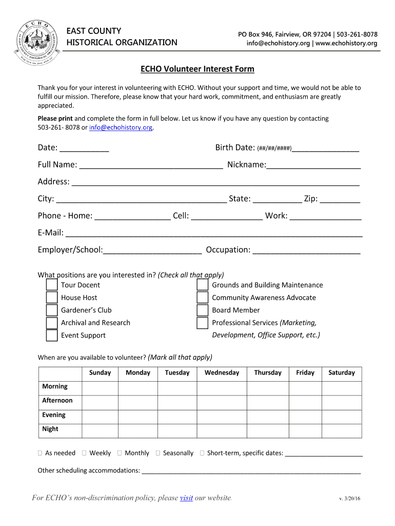 Fillable Online echohistory ECHO Volunteer bFormb 3-20-16 Fax Email Print - pdfFiller