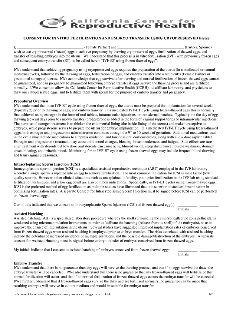 Fillable Online Consent for IVF and Embryo Transfer using Cryopreserved ...