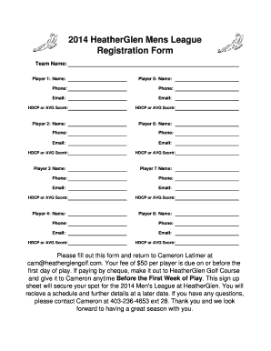 Fillable Online 2014 HeatherGlen Mens League Registration Form Fax Email Print - pdfFiller