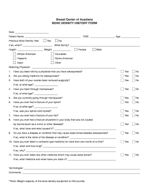 Fillable Online Breast Center of Acadiana BONE DENSITY HISTORY FORM Fax ...