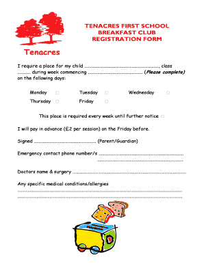 Fillable Online tenacres worcs sch Breakfast club registration form ...
