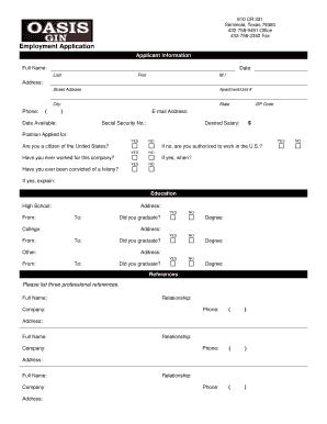 Fillable Online Employment Application - Oasis Gin Inc Fax Email Print ...