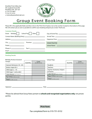 Fillable Online Group Event Booking Form - Twin Valley Zoo Fax Email ...