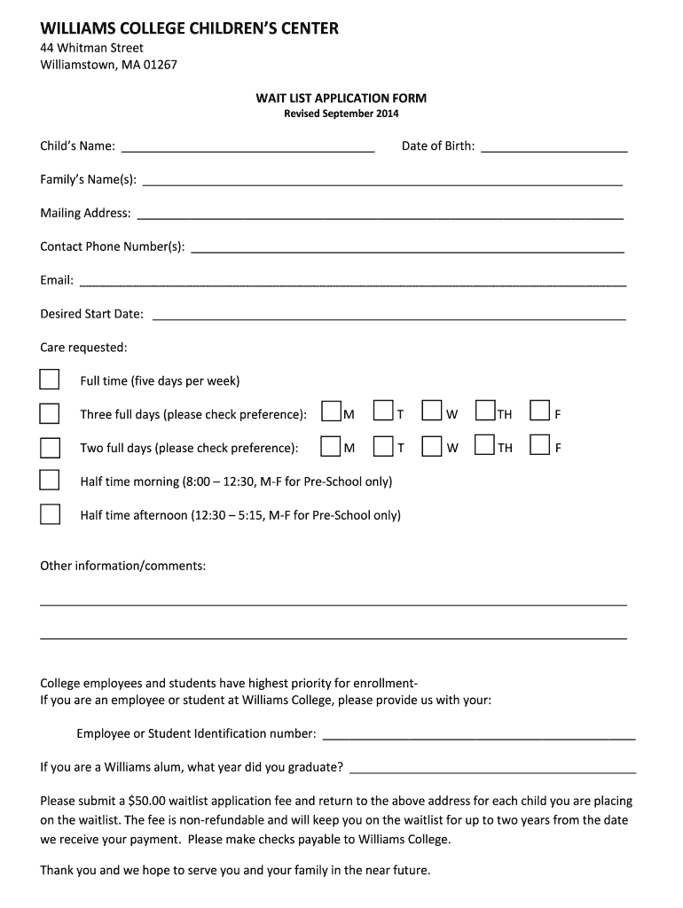 Fillable Online childrens-center williams Wait List Application Form ...