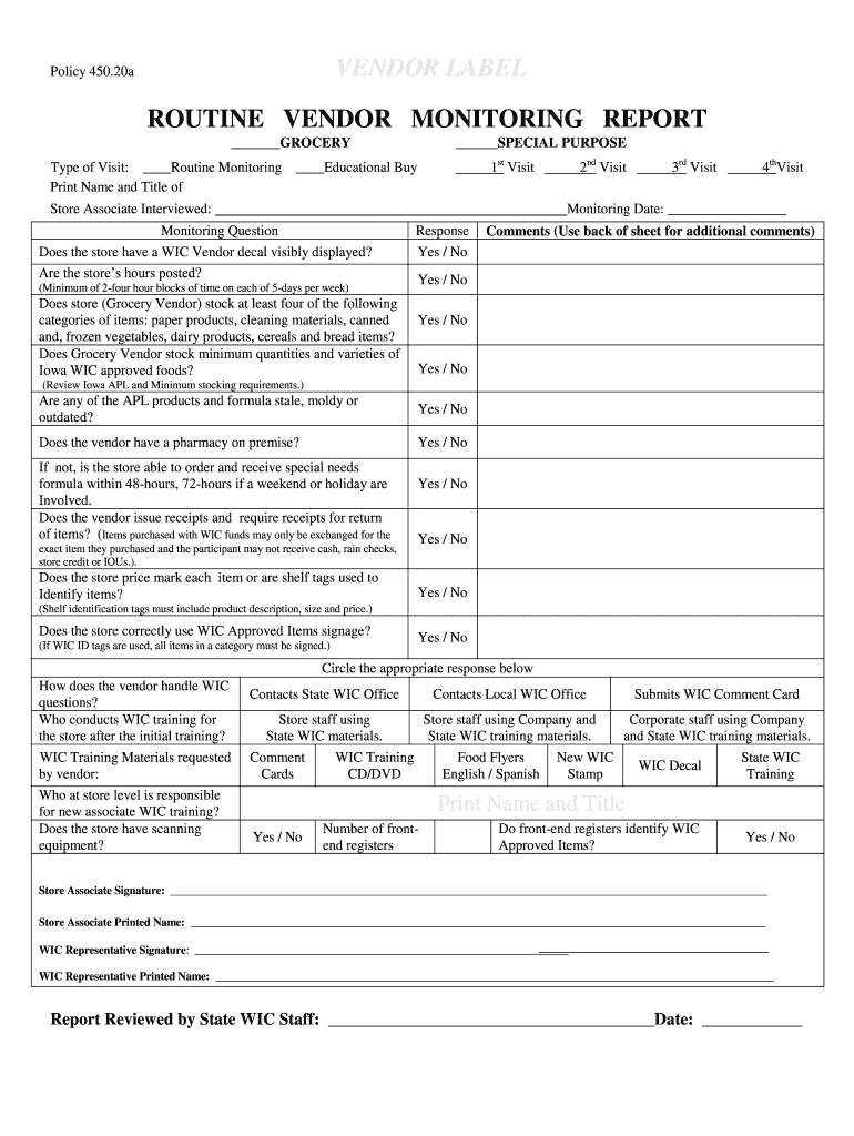 Fillable Online VENDOR MONITORING REPORT Fax Email Print - pdfFiller