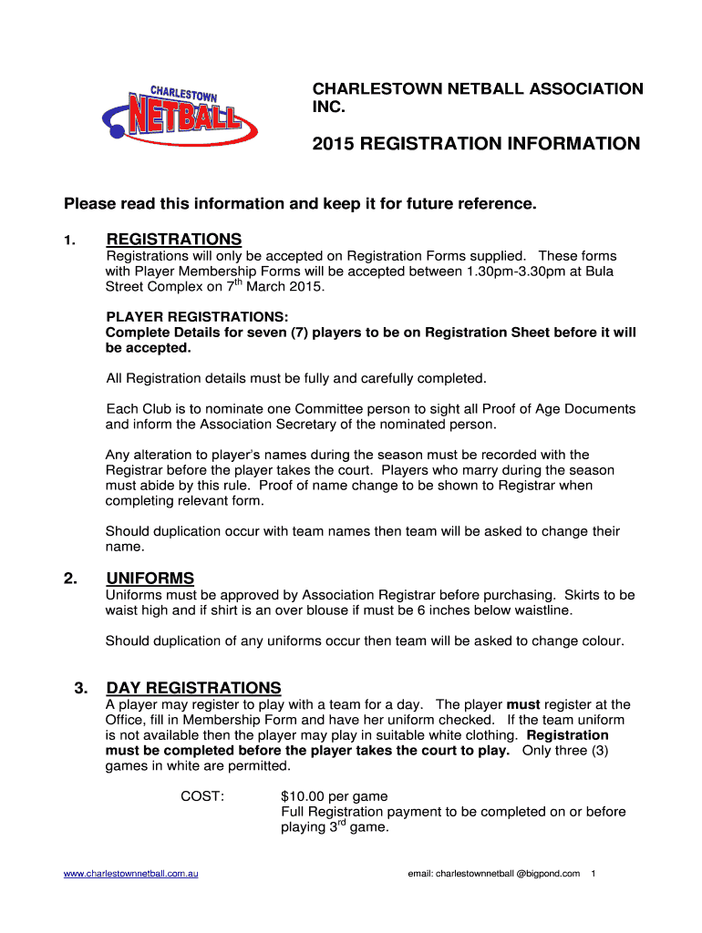 Fillable Online 2015 REGISTRATION INFORMATION - Charlestown Netball Fax ...