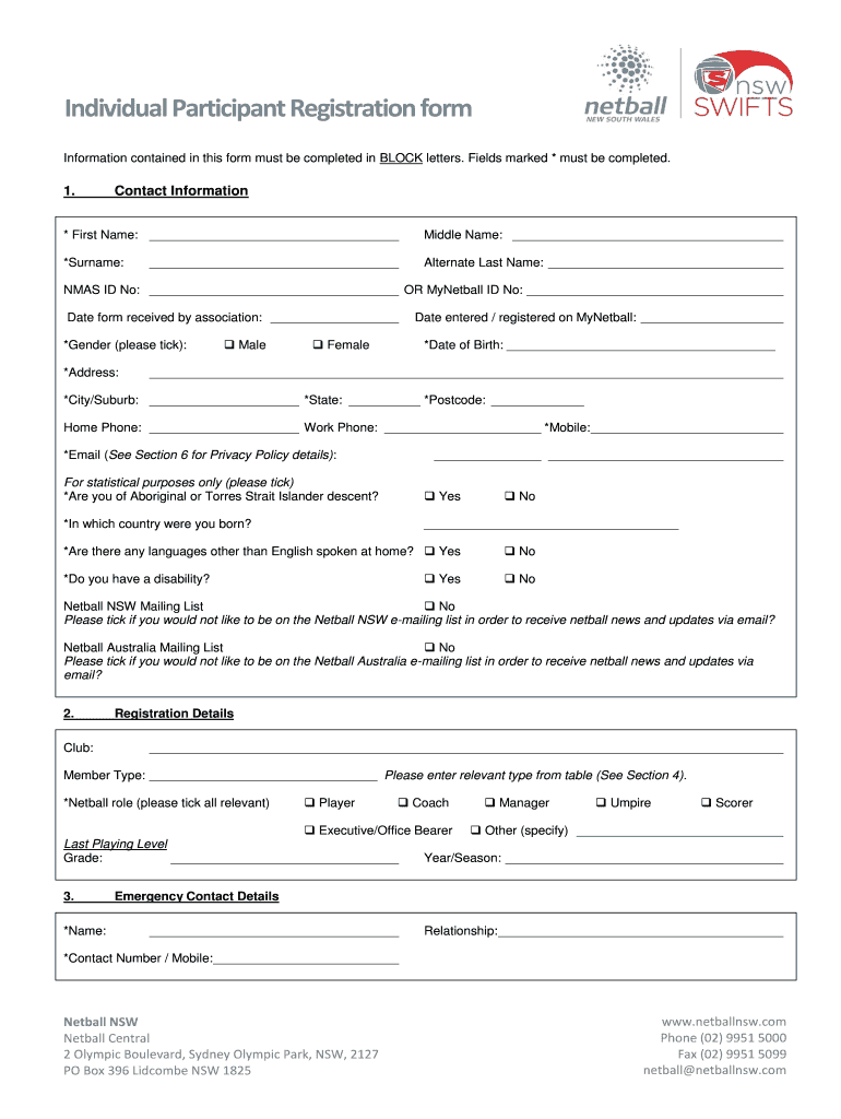 Fillable Online Individual Participant Registration form - Charlestown ...