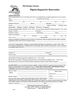 Fillable Online Pilgrim Request for Reservation - Mid-Michigan Emmaus Fax Email Print - pdfFiller