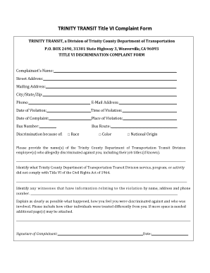 Fillable Online trinitytransit TRINITY TRANSIT bTitleb VI Complaint ...