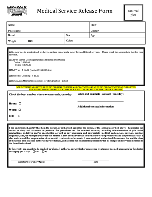 Fillable Online Medical Service Release Form - blegacyvetbbcomb Fax ...