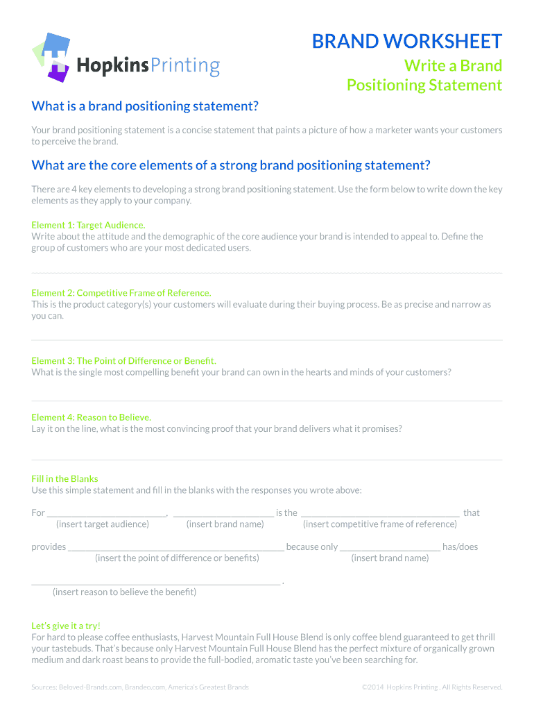 Fillable Online BRAND WORKSHEET Write a Brand Positioning ... - Hopkins ...