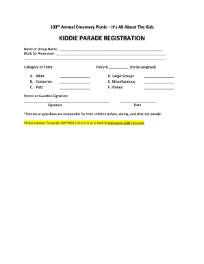 Fillable Online 103rd Annual Creamery Picnic Kiddie Parade Registration ...