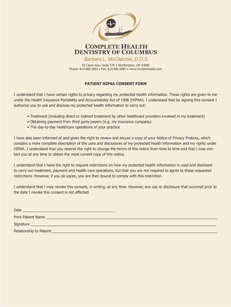Fillable Online PATIENT HIPAA CONSENT FORM - bmcclatchieddsbbcomb Fax Email Print - pdfFiller