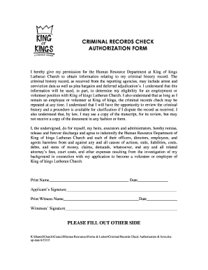 Fillable Online koklc CRIMINAL RECORDS CHECK AUTHORIZATION FORM - koklc Fax Email Print - pdfFiller