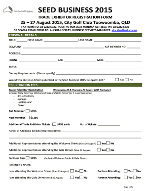 Fillable Online asf asn SEED BUSINESS 2015 TRADE EXHIBITOR REGISTRATION ...