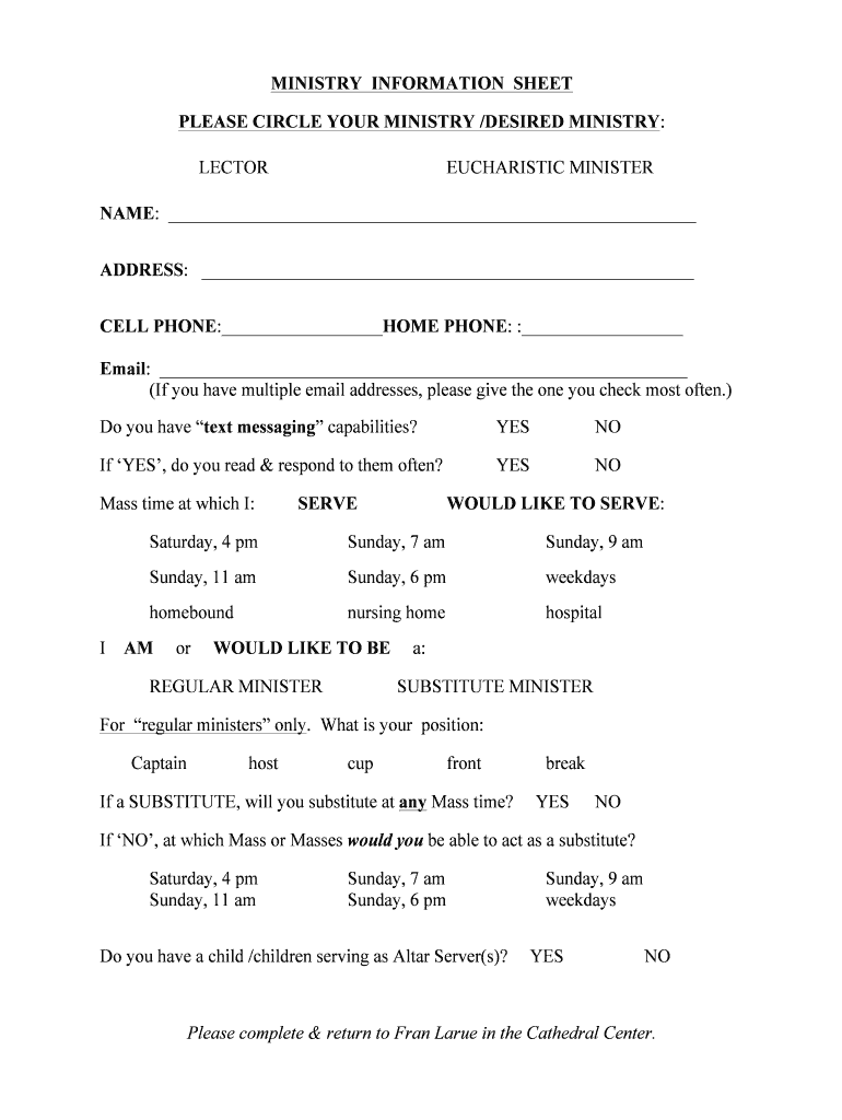 Fillable Online Ministry information sheet please circle your ministry ...