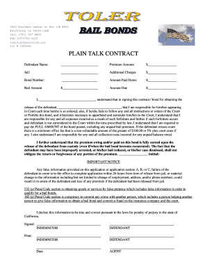 Fillable Online PLAIN TALK CONTRACT - Toler Bail Bonds Fax Email Print ...