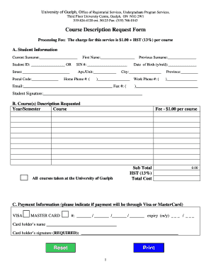 Fillable Online uoguelph Course Description Request Form - University ...