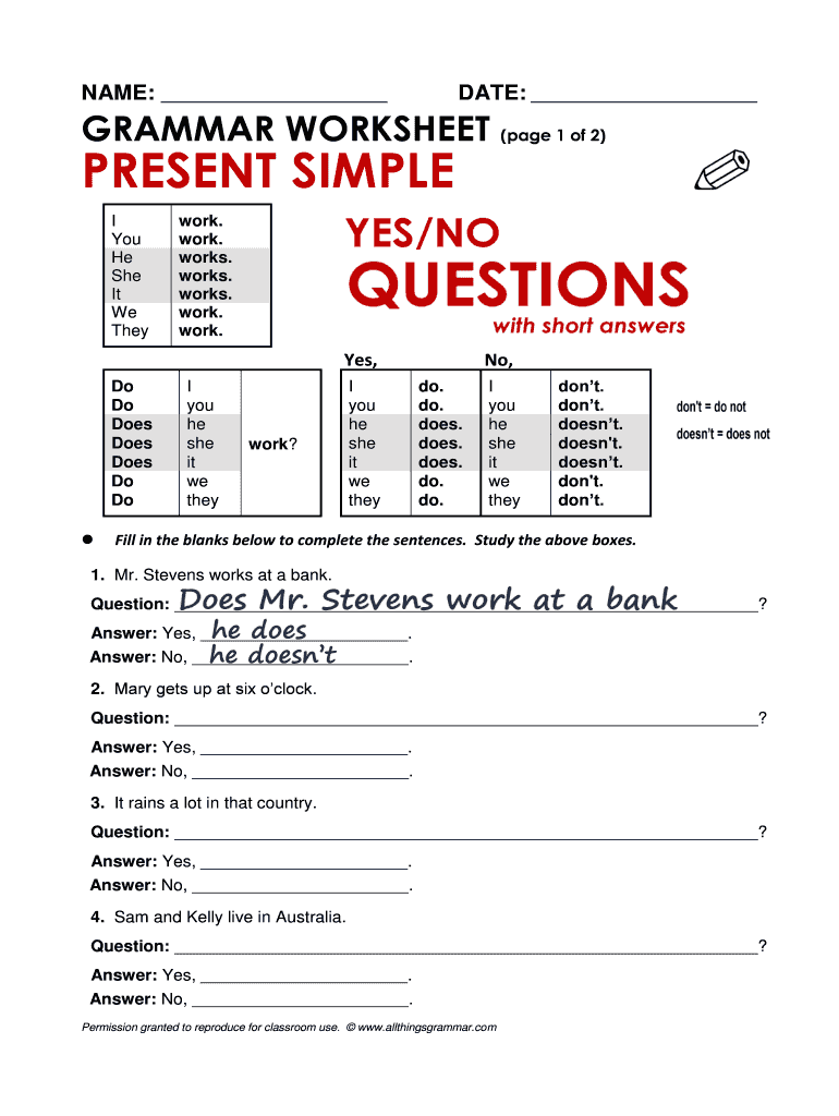 Fillable Online NAME DATE GRAMMAR WORKSHEET page 1 of 2 PRESENT SIMPLE ...