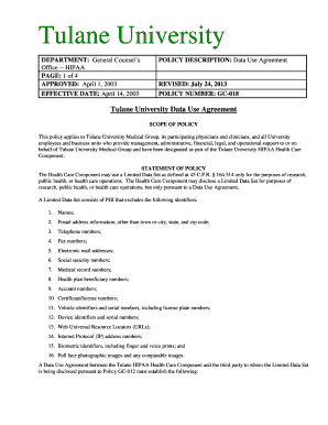 Fillable Online GC-018 Data Use Agreement - Tulane University Fax Email Print - pdfFiller